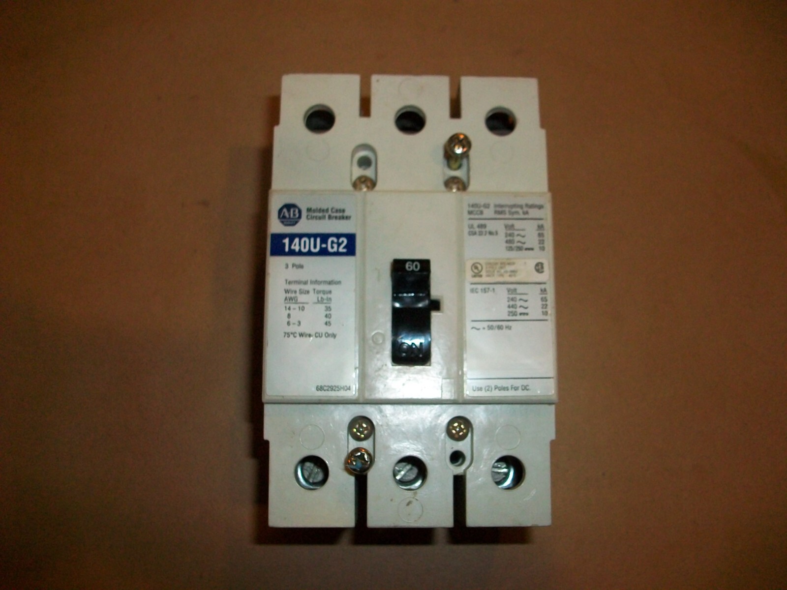 ALLEN BRADLEY 60 AMP CIRCUIT BREAKER 3 POLE 480 VAC 140U-G2 | eBay