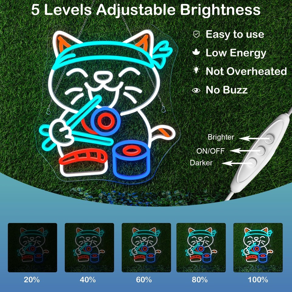 Lucky Sushi Cat Neon Light Eating Neon Sign for Ramen Restaurants White ...