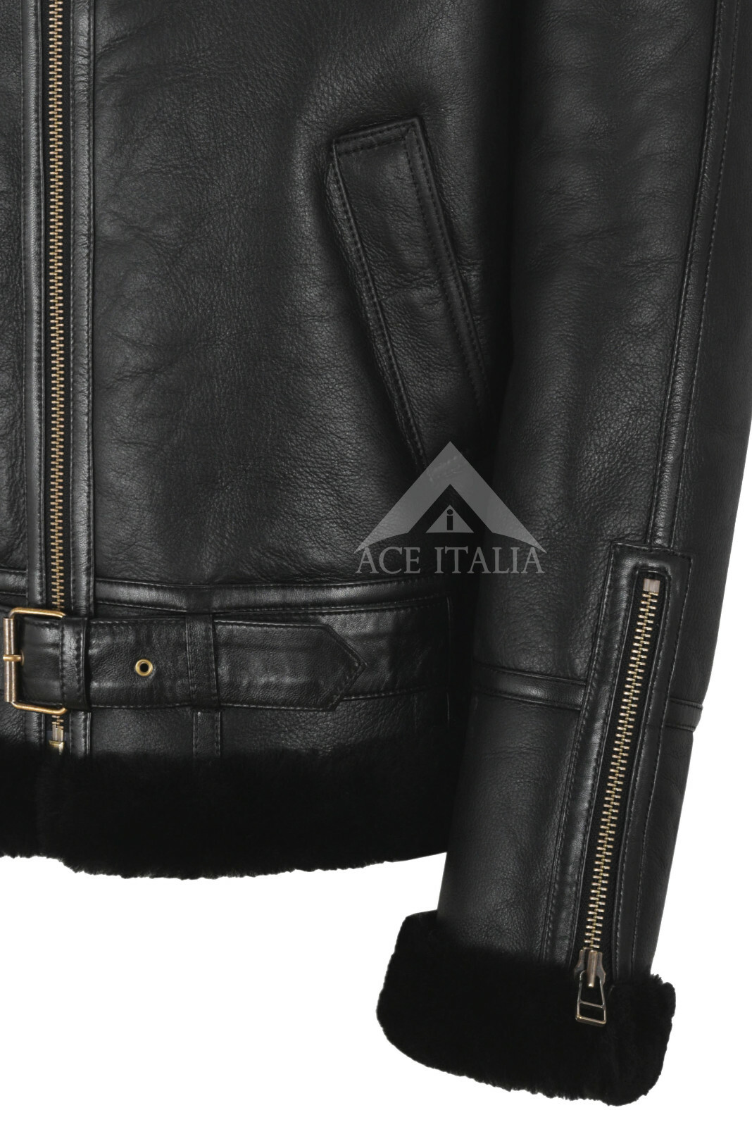 Mens B3 Classic Real Shearling Sheepskin Jacket Belted Black Fur Bomber ...