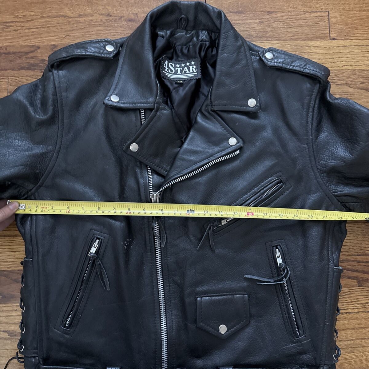 Vintage 4 Star Black Leather Belted Biker Jacket Motorcycle Vintage 4 Star Black Leather Belted Biker Jacket Motorcycle