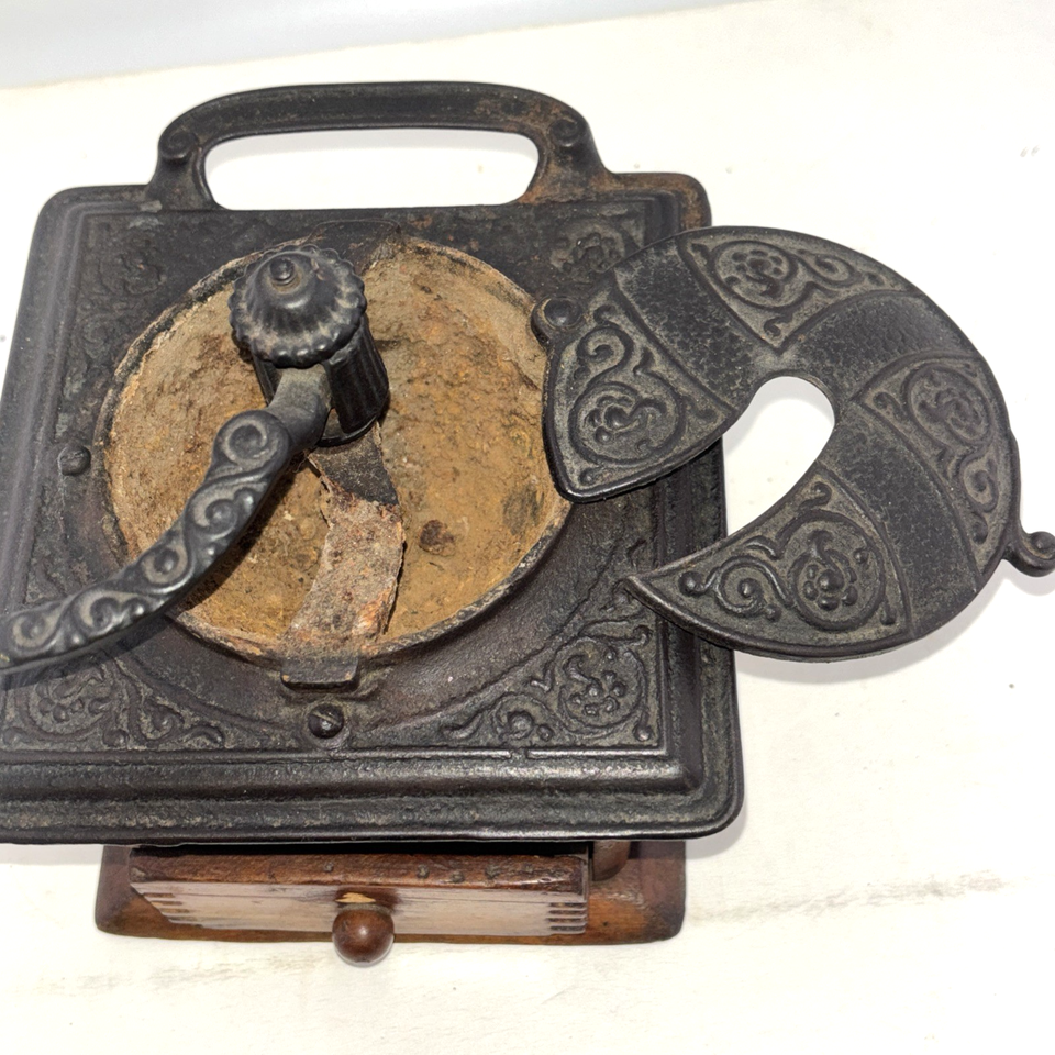 Antique Wood Ornate Cast Iron Coffee Mill Grinder Dove Tails Back ...
