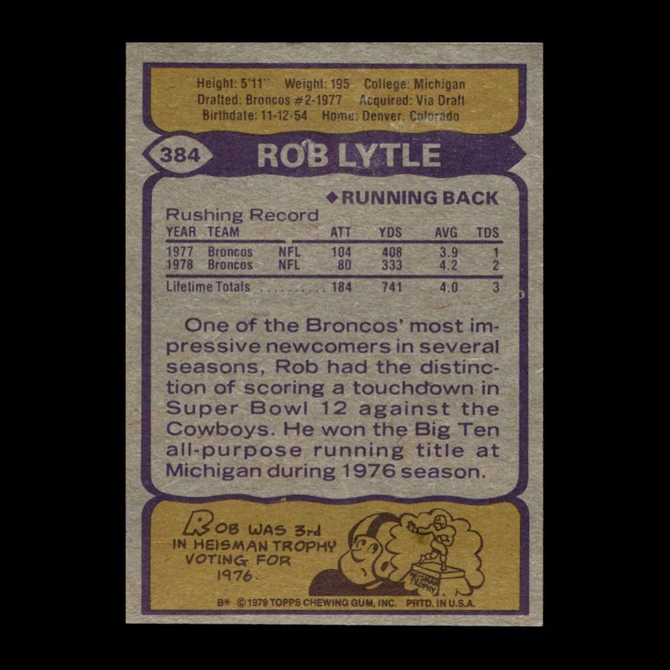 Rob Lytle 1979 Topps Denver Broncos #384 R311A 1 | eBay