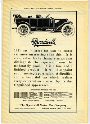 1910/11 Speedwell Motor Car Co. Ad: All Models Listed - Dayton, OhiO ...