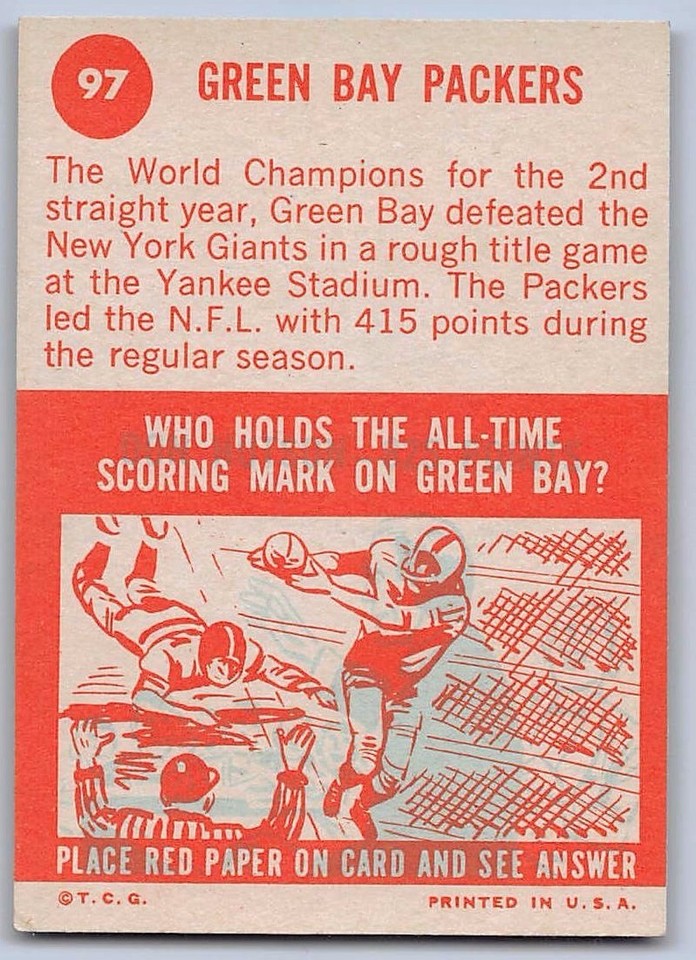 1963 GREEN BAY PACKERS Team Card - Topps Football Card- # 97 | eBay