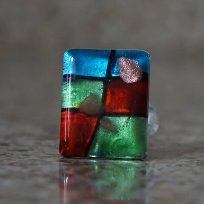 Womens Glass Art Ring - Rectangular Stained Glass Style Blue Green Red ...