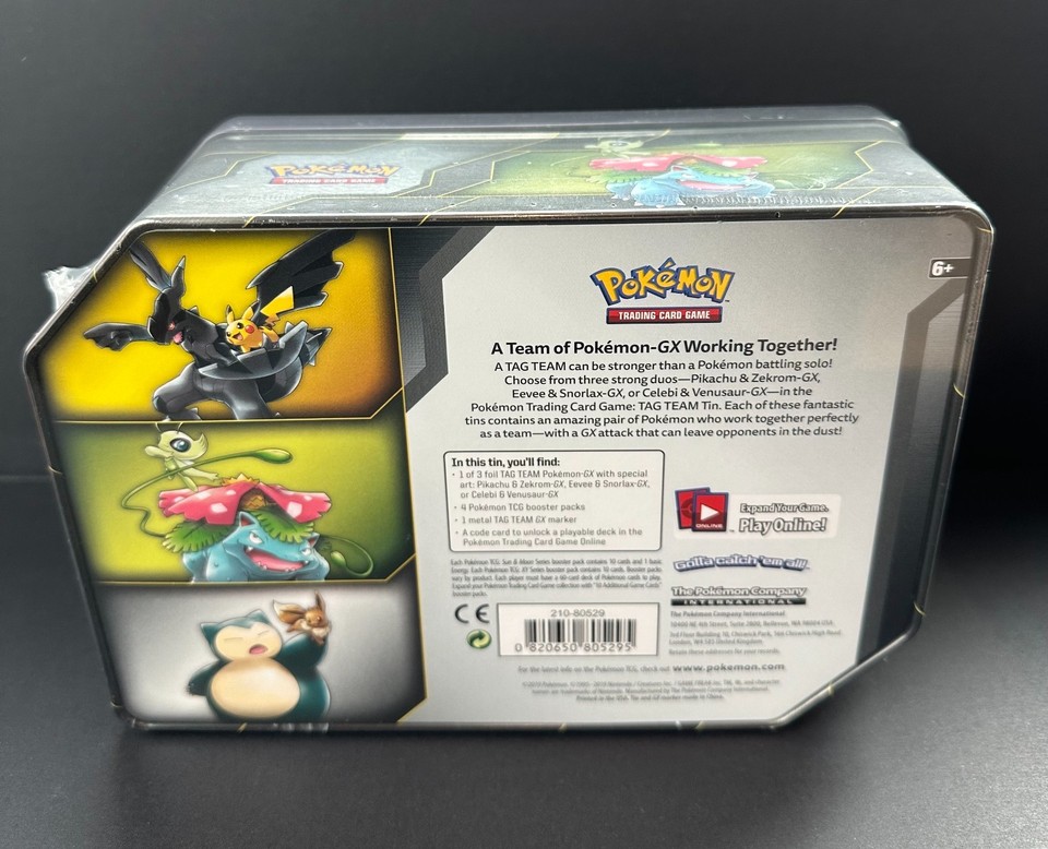 Pokémon TCG Tag Team Tin Pikachu & Zekrom GX Factory Sealed Pokémon Tin ...