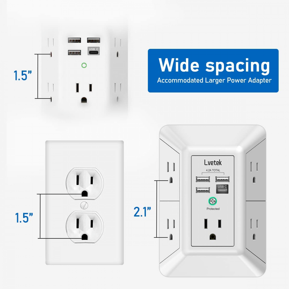 USB Wall Charger，LVETEK Surge Protector 5 Outlet Extender with 4 Ports ...