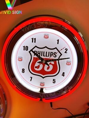 15" Neon Clock Phillips 66 Oil Gas Gasoline Double Tube Sign Light Lamp ...