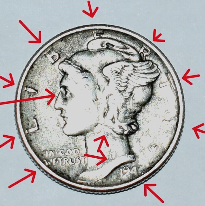 1944 MERCURY DIME 90% SILVER COIN Strike Trough DD Cud Error Rare | eBay