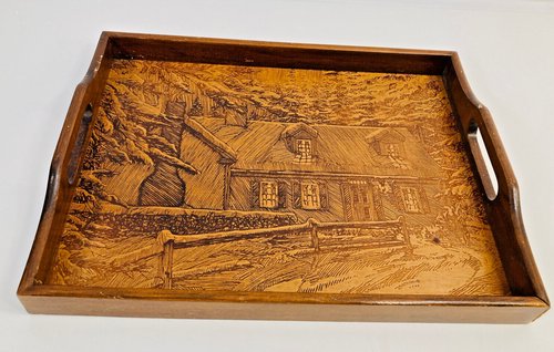Vintage Wood Burned Pyrography Winter Scene House Cottage Serving Tray ...