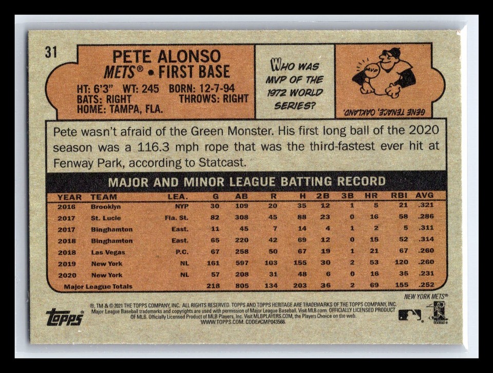 2021 Topps Heritage #31 Pete Alonso Chrome Purple Refractor New York ...