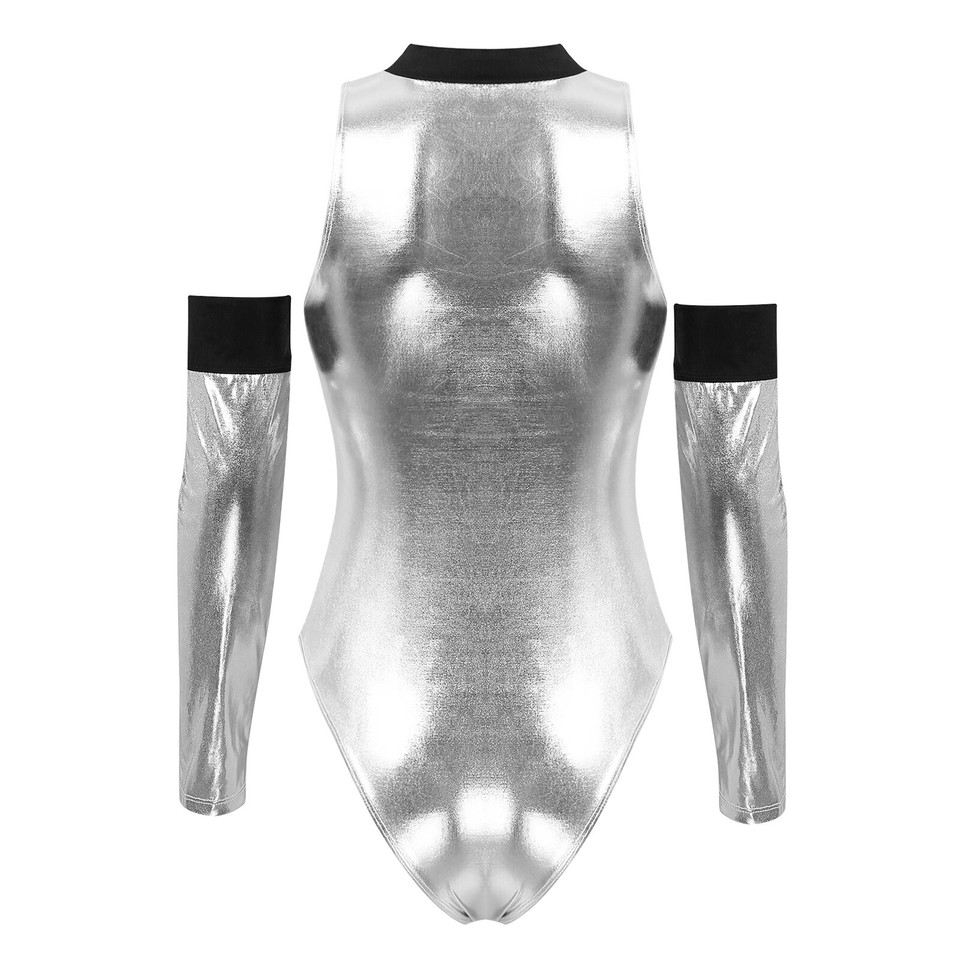 Womens Catsuit Metallic Alien Role Play Oversleeve Bodysuit Astronaut ...