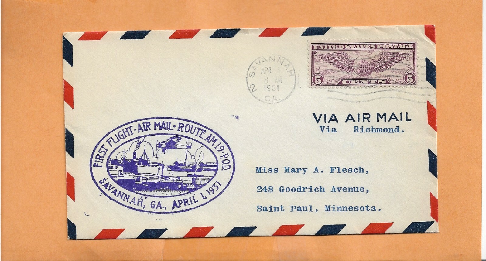 US # C16 FIRST FLIGHT AM 19 SAVANNAH GA APR 1,1931 | eBay