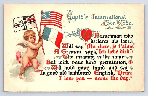 Postcard Cupid's International Love Code US French Flags Cherub ...