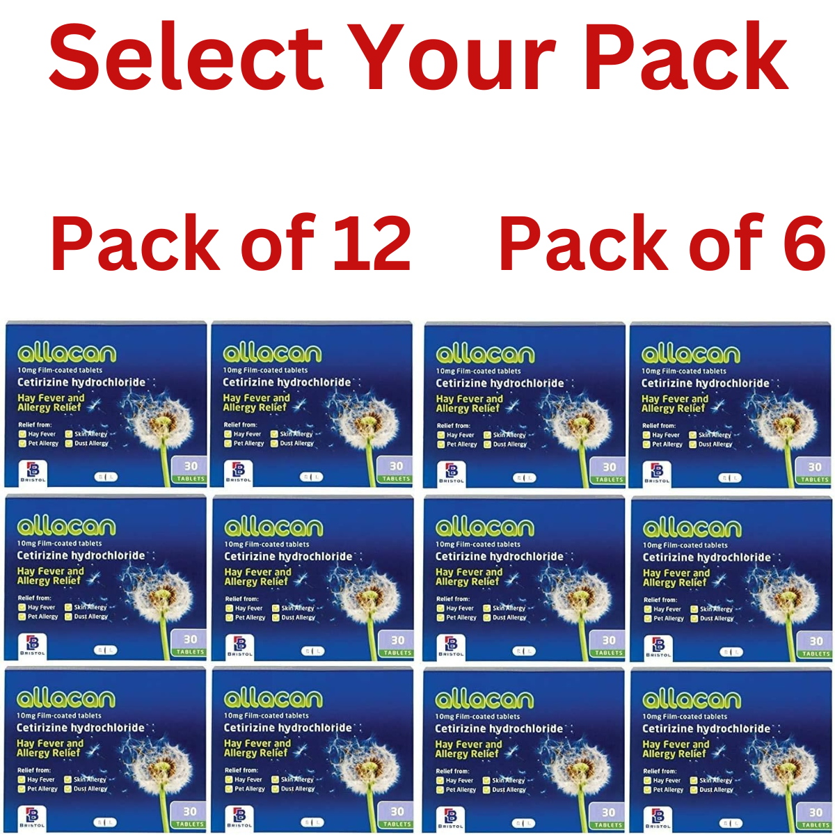 Allacan Cetirizine Hydrochloride Hayfever Allergy Tablets 30 Tablets x ...