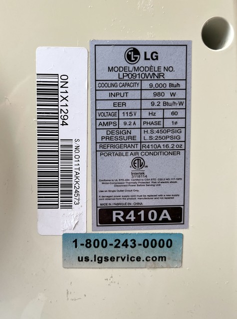 LG 9,000 BTU Portable Air W/ Remote LP0910WNR for sale online | eBay