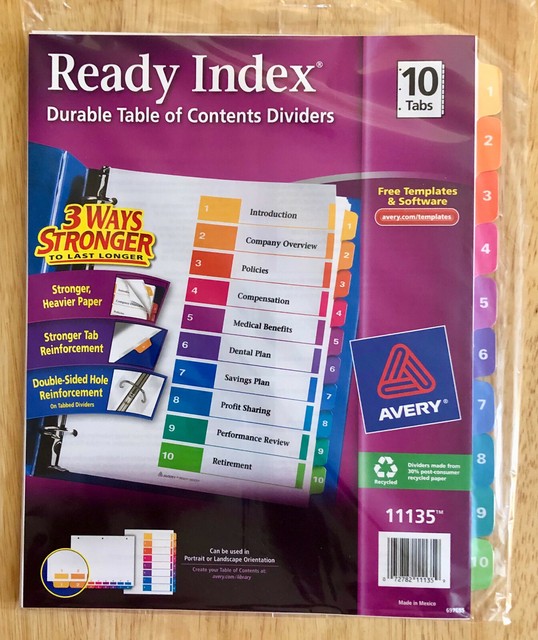 Avery Dennison Ave-11135 Ready Index Table Of Contents Reference for ...