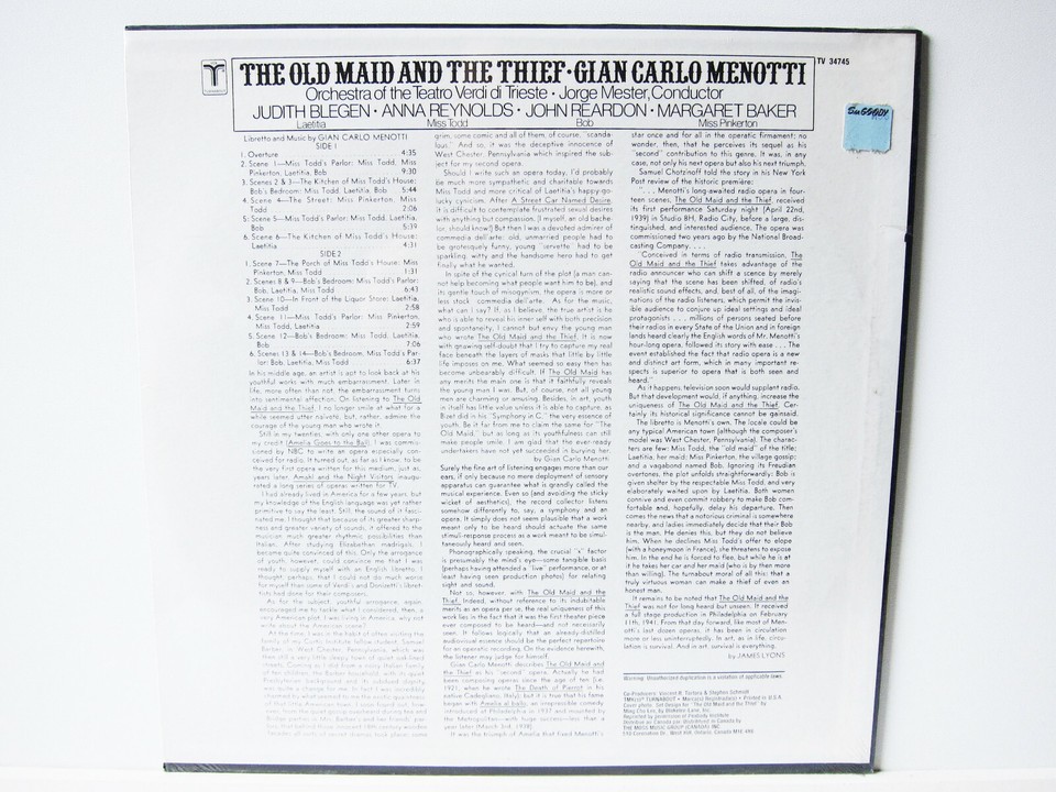 SEALED ! THE OLD MAID AND THE THIEF (Menotti) - Blegen & Mester ...