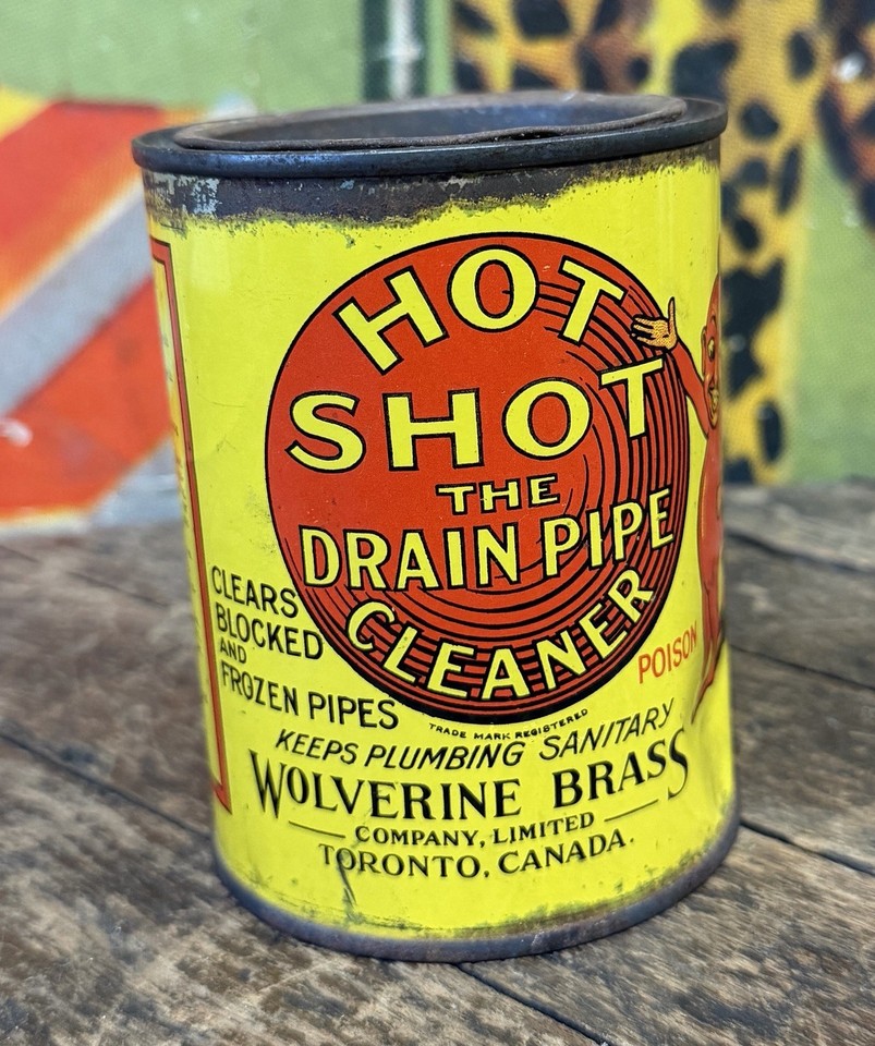 VINTAGE C. 1920 HOT SHOT CLEANER CAN TIN SIGN POISON PLUMBER DEVIL ...