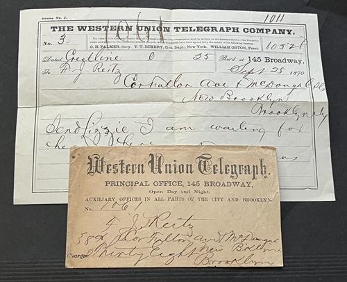 1870 WESTERN UNION TELEGRAPH ENVELOPE + LETTER ! BROOKLYN NY REITZ L@@K ...