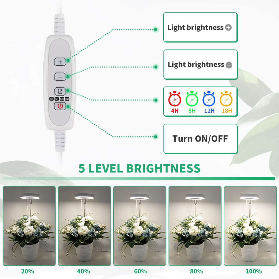 GYTF Halo Grow Light 6000K LED w/ Timer, Dimmable, Adjustable for ...