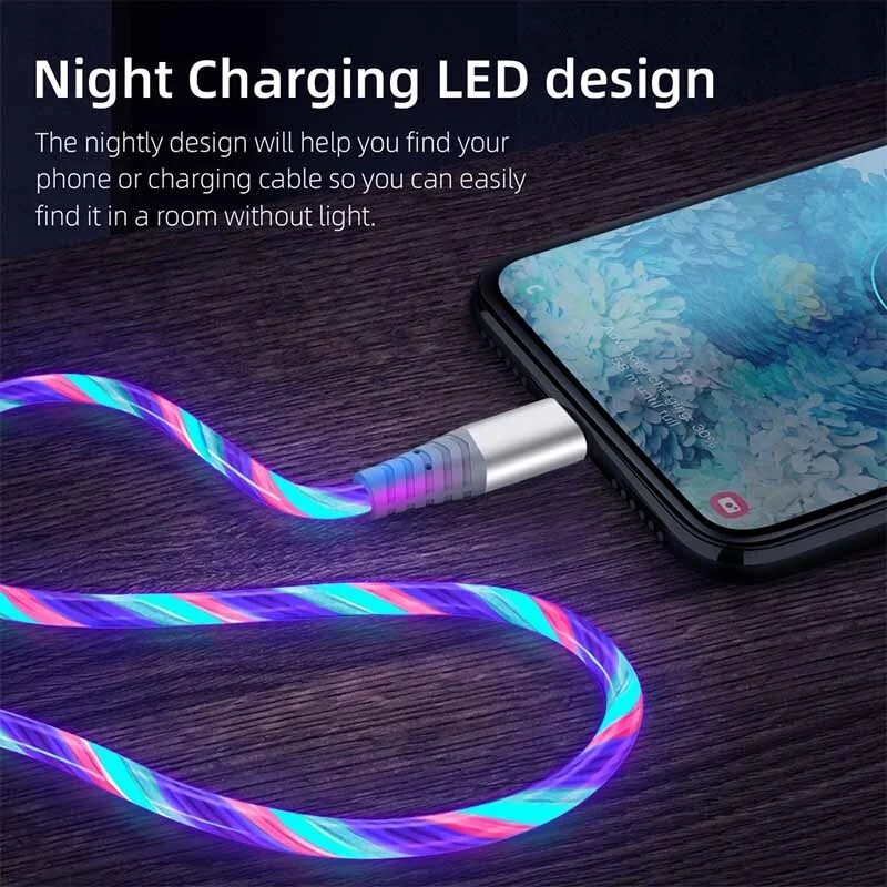 LED LIGHT USB CABLE Data Sync Charging Cord For iPhone & Type-C & Micro ...