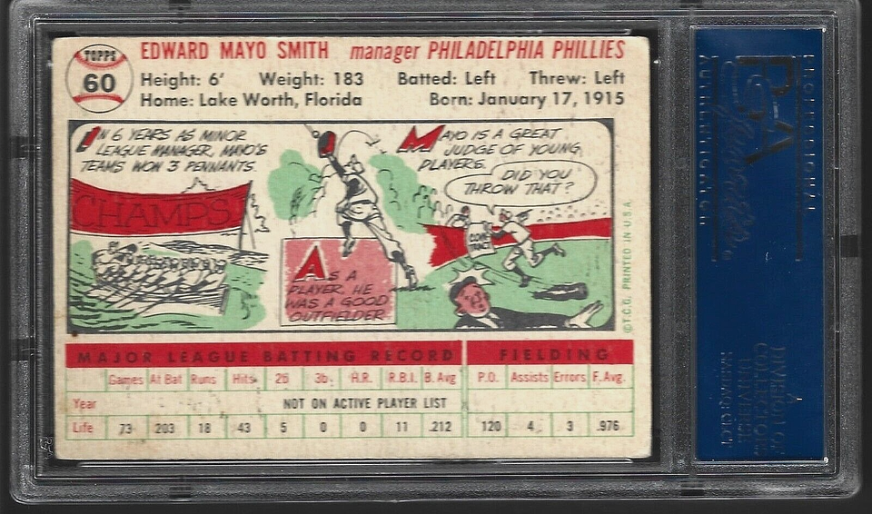 1956 Topps Signed #60 WB Mayo Smith PSA Authentic Auto Phillies Manager ...