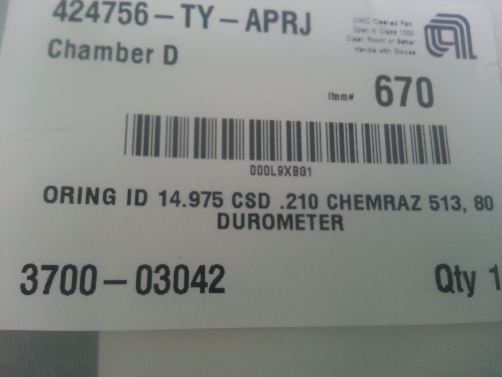 AMAT 3700-03042 ORINGS ID 14.975 CSD .210 CHEMRAZ 513, 80 DUROMETER ...