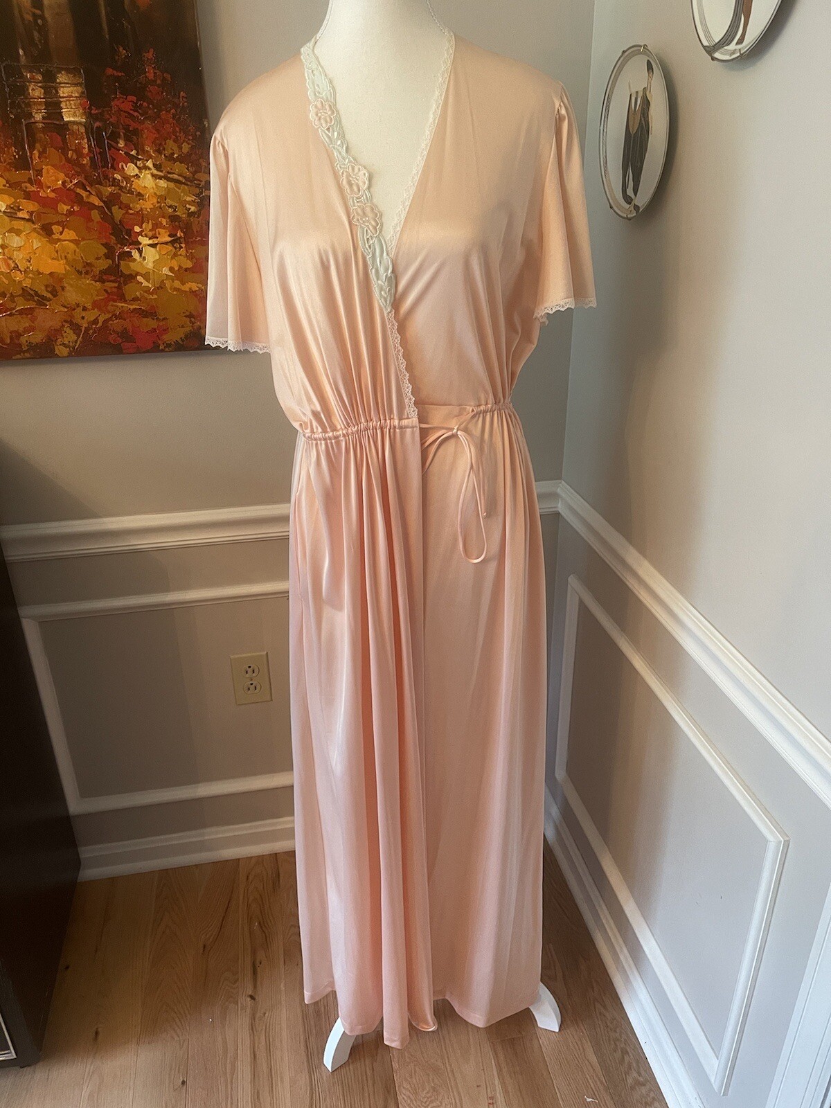 Vtg 80's Beth Michaels Pink Cottagecore Robe White La… - Gem