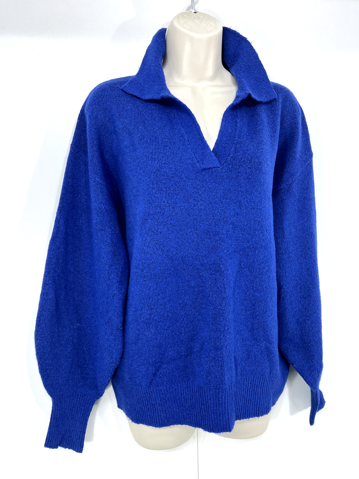 Retro Classic Look Soft Thin Knit Women's Blue Oversized Collared ...