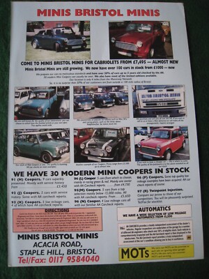 MINIS BRISTOL MINIS CABRIOLETS CAR STOCK LIST BRISTOL ADVERT A4 SIZE ...