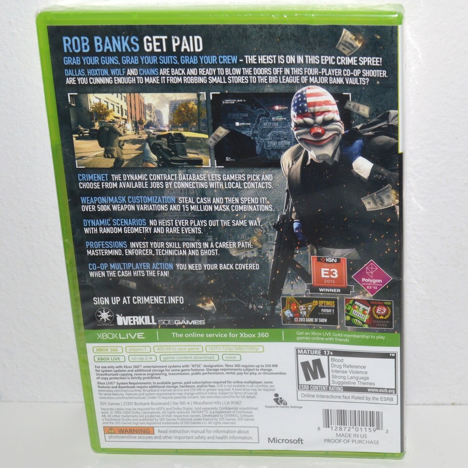 Payday 2 XBox 360 Game Disc Overkill Award Winner Clown Mask Rob Banks ...