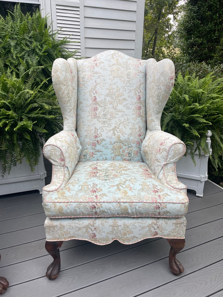 2 ANTIQUE ETHAN ALLEN HIGH BACK UPHOLSTERED CLAW FOOT FIREPLACE WING ...