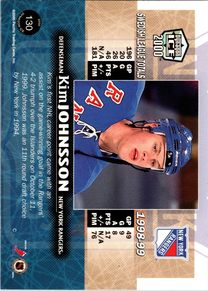 Kim Johnsson New York Rangers 2000 Pacific Dynagon Ice Rookie RC #130 ...