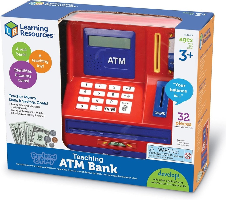 Realistic Teaching ATM Bank with Play Money, 32-Piece Learning Set for ...