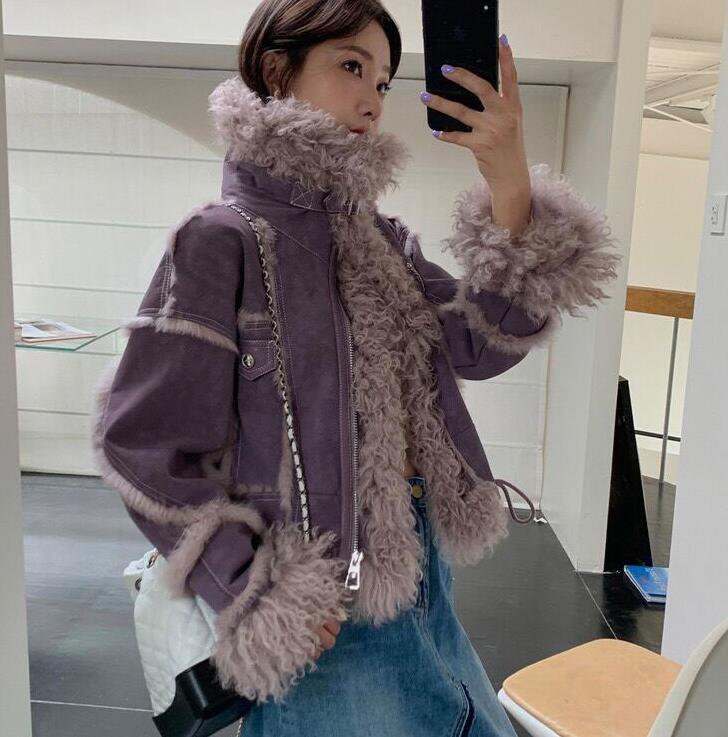 Rabbit Fur Coat Women's Short Biker Jacket Lamb Fur Collar Punk Leather ...