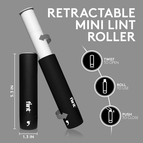 Flint Classic Black Retractable Mini Lint Roller with 90 Extra Sticky ...