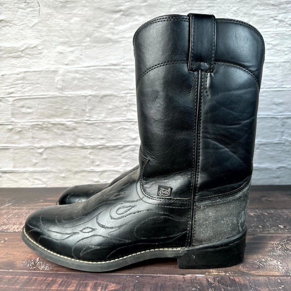 Justin Basic JB3000-GC Men's Black Mid-Calf Pull On Western Roper Boots ...