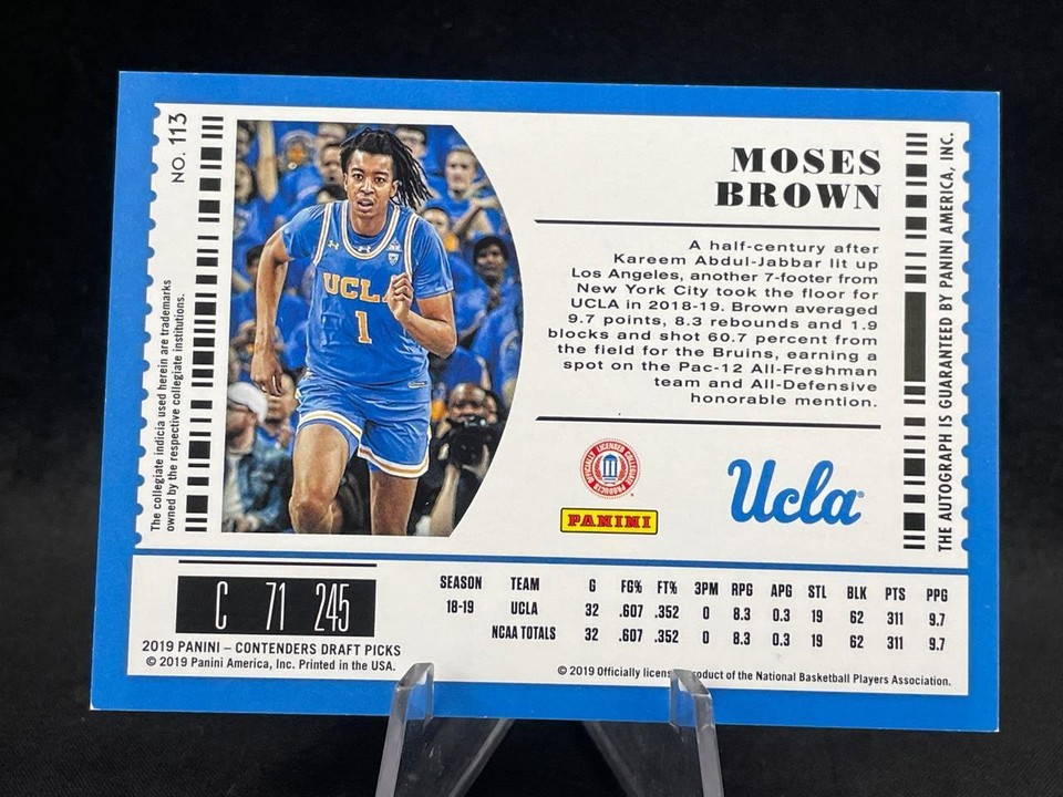2019-20 PANINI CONTENDERS DRAFT MOSES BROWN #113 ROOKIE DRAFT TICKET ...