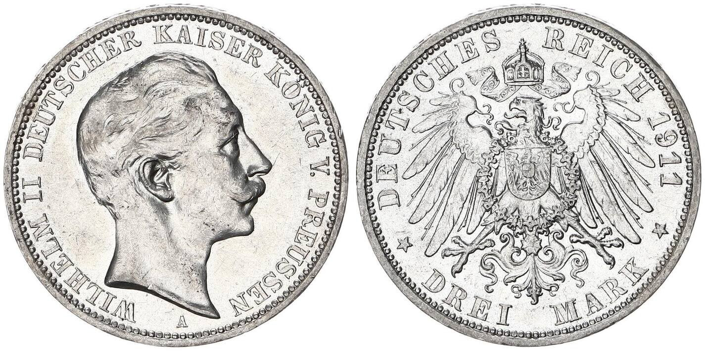 Empire - Prussia 3 Mark 1911 A Wilhelm II. Vz+ 111880 | eBay
