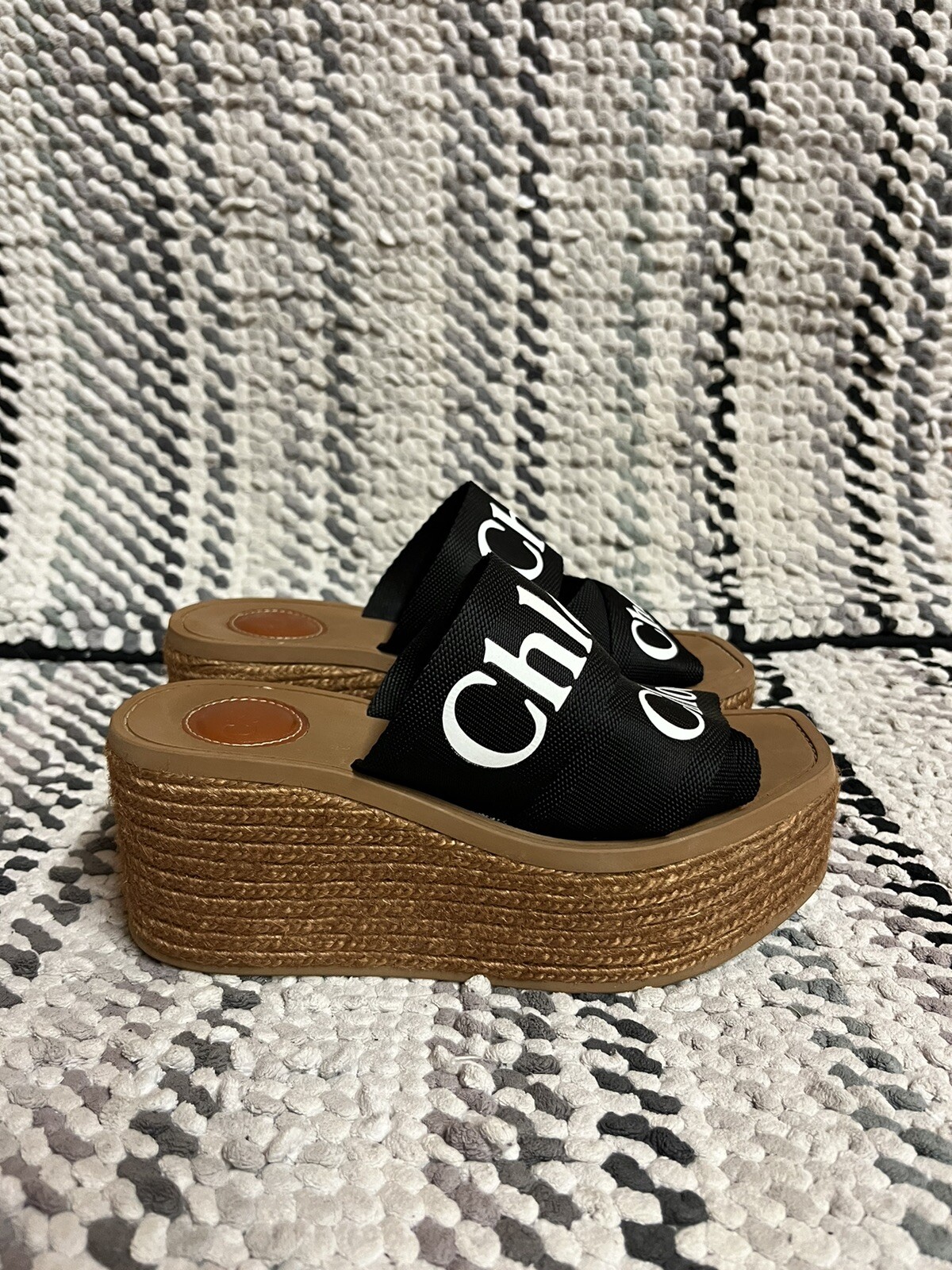 Chloé Woody Cloth Platform Sandals Shoes Black White … - Gem