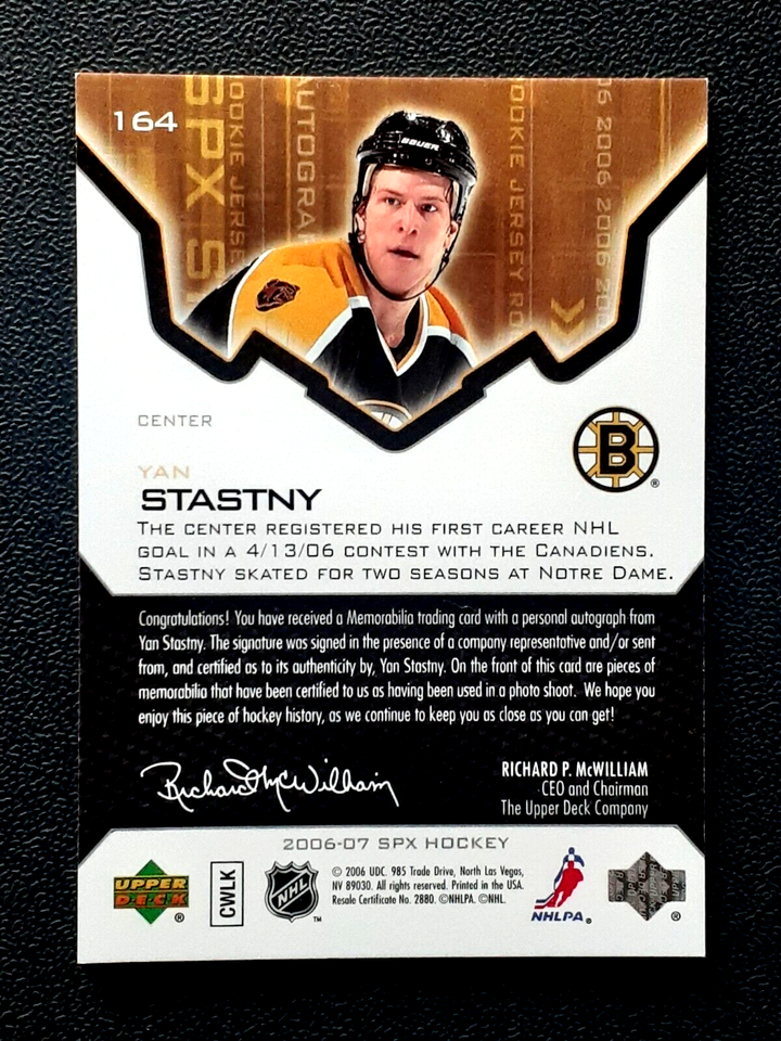 YAN STASTNY RC AUTOGRAPH JERSEY 2006-07 SPX 06-07 NO 164 #1121/1299 ...