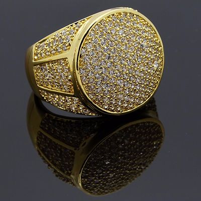 Men HQ 14K Gold Plated Round Side Iced Cubic-Zirconia Hip Hop Ring ...
