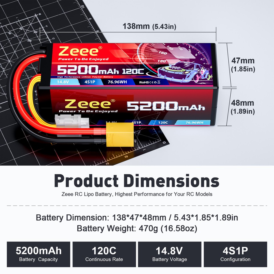 2x Zeee 4S Lipo Battery 5200mAh 14.8V 120C XT90 HardCase for RC Car ...