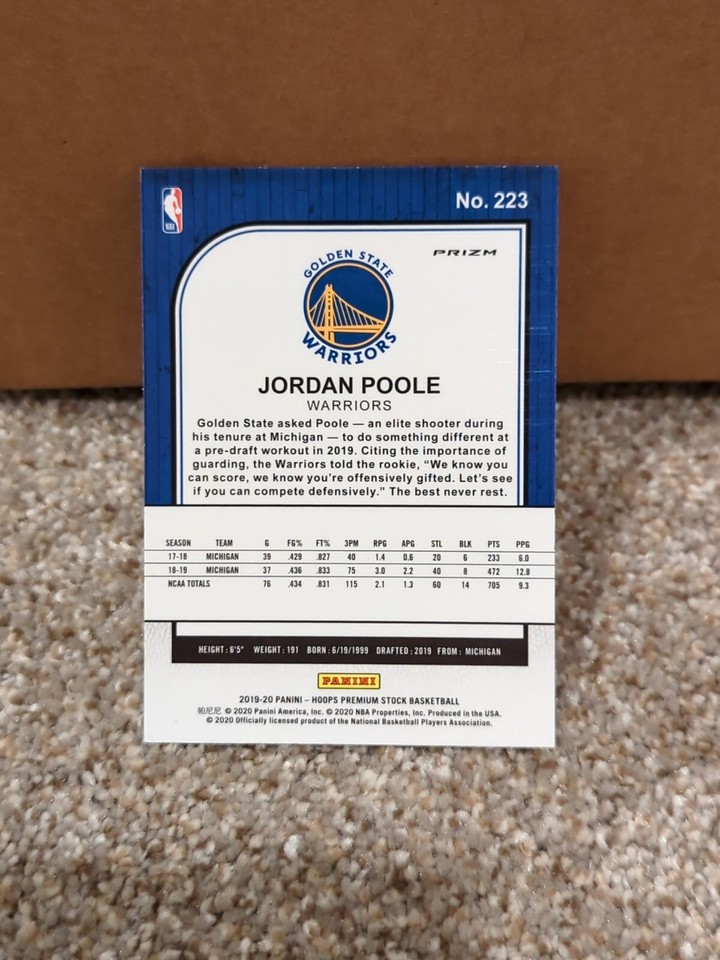 Jordan Poole 2019-20 Hoops Premium Stock #223 RC Silver Mojo Prizm ...