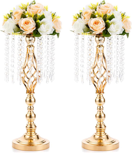 2 Pcs 19.3 Inches Gold Centerpieces Table Tall Crystal Flowers Stand ...