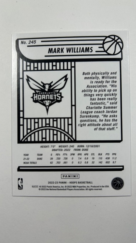 Mark Wiliams 2022-23 Panini NBA Hoops #245 Rookie RC Charlotte Hornets ...