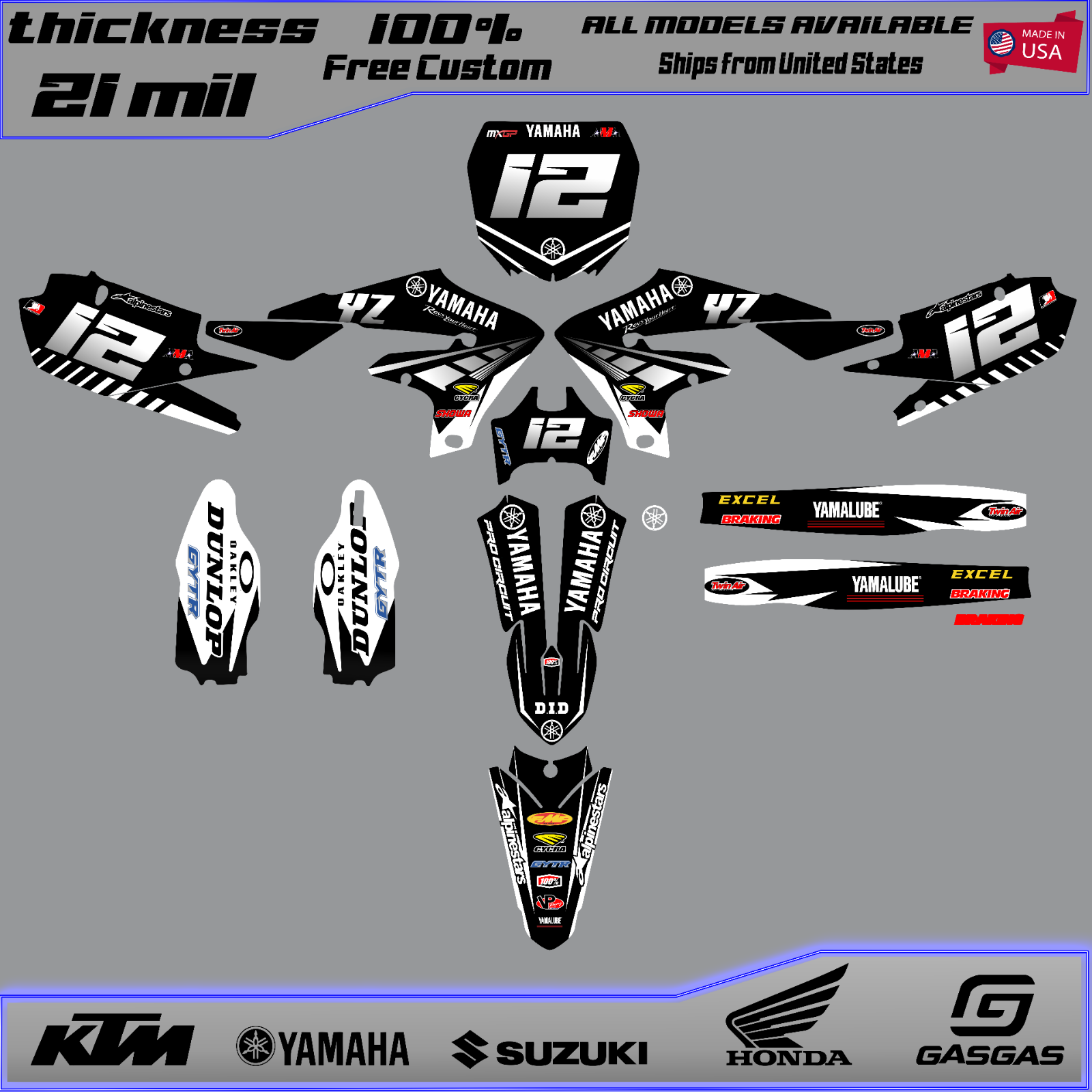 Yamaha YZ125 YZ250 Graphics Kit 2015-2020 – 21mil MX Decals YZ 125 250 ...