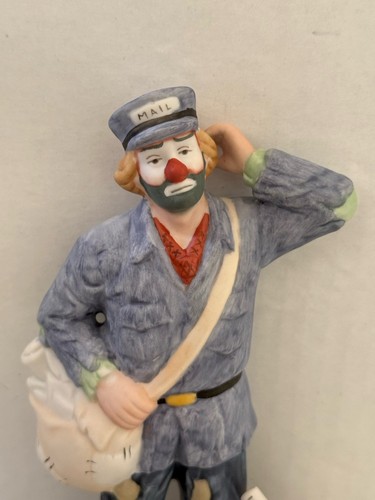 MAILMAN Emmett Kelly figure wooden base number 9596 Measures Approx 8 1 ...
