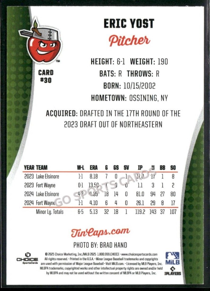 2025 Fort Wayne TinCaps Eric Yost RC Rookie Padres Minor League | eBay